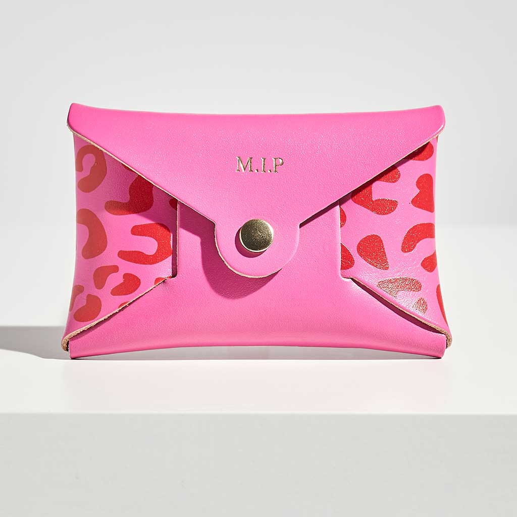 "Betty" Pink Leopard Leather Personalised Card + Coin Purse | Sbri